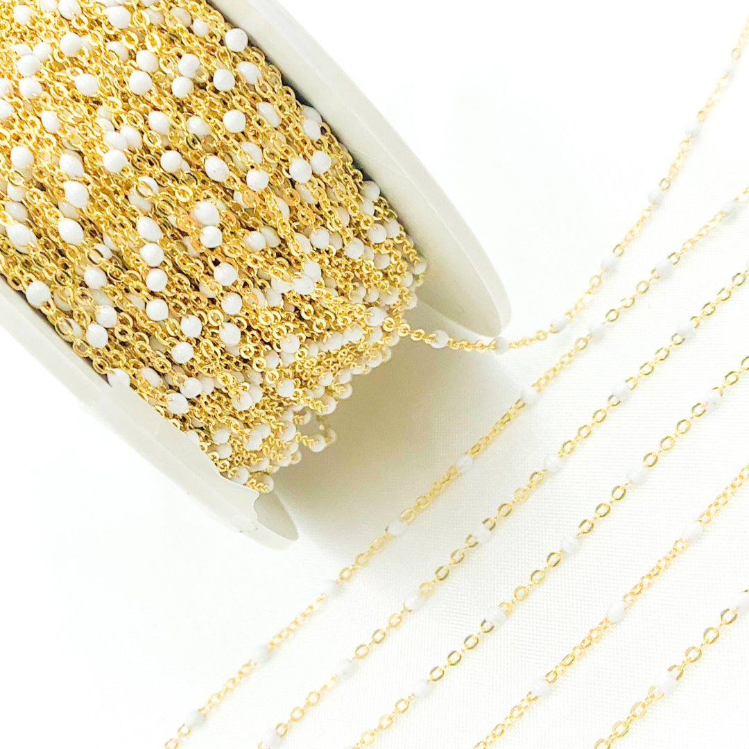 14K Solid Yellow Gold Enamel White Color Cable Chain