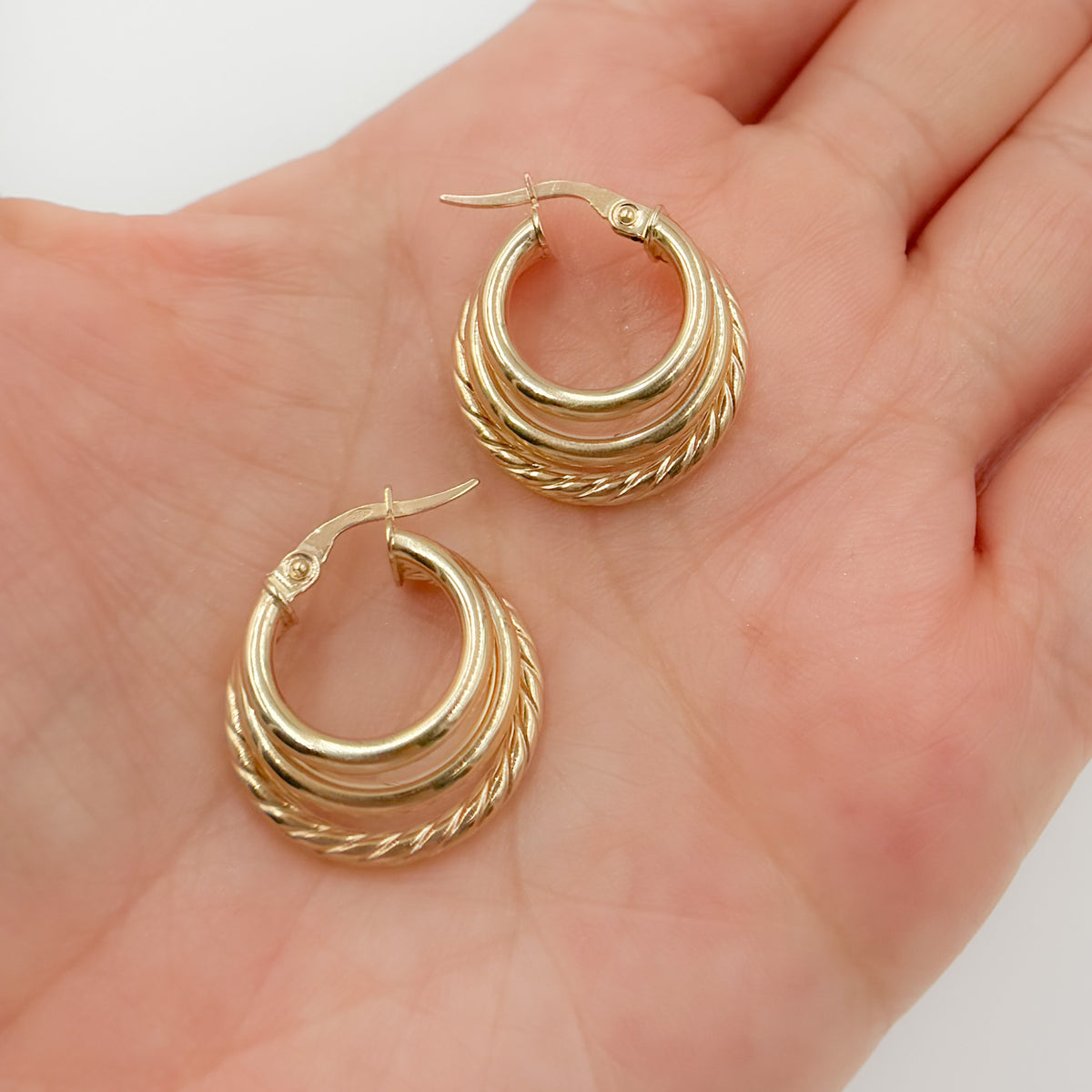15850007166. 14K Solid Gold Smooth and Textured Triple Line Hollow Hoo